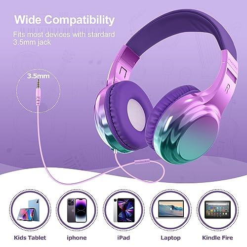 QearFun Headphones for Girls Kids for School, Kids Wired Headphones with Microphone & 3.5mm Jack, Teens Noise Cancelling Headphone with Adjustable Headband for Tablet/Smartphones-Gradient Deep Purple