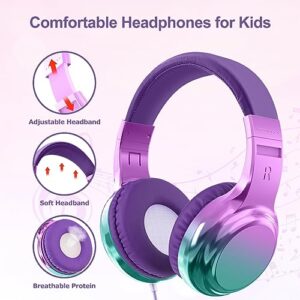 QearFun Headphones for Girls Kids for School, Kids Wired Headphones with Microphone & 3.5mm Jack, Teens Noise Cancelling Headphone with Adjustable Headband for Tablet/Smartphones-Gradient Deep Purple