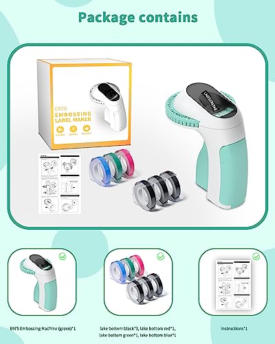 LabelCreate Embossing Label Maker Machine with Tapes, 3D Embosser Protable Handheld Label Machine, E975 Embosser Label Maker with 6 Rolls Embossing Label Tapes -Green