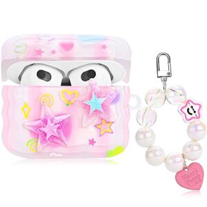 cute airpods 3 case with love pendant colorful round bead keychain, glitter 3d stars design soft protective cover compatible with airpods 3rd generation case for girls and womens