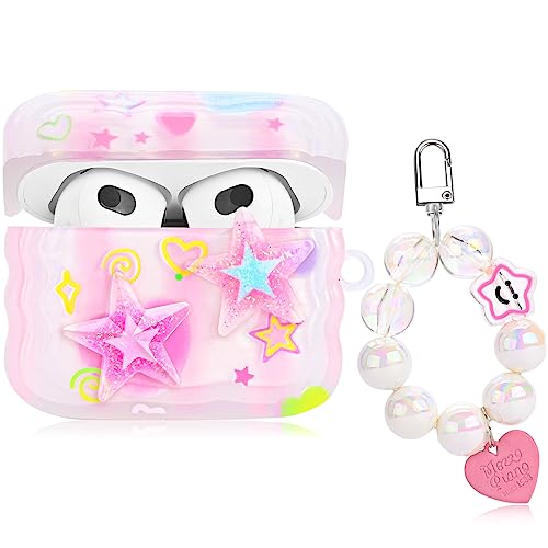 Cute AirPods 3 Case with Love Pendant Colorful Round Bead Keychain, Glitter 3D Stars Design Soft Protective Cover Compatible with AirPods 3rd Generation Case for Girls and Womens