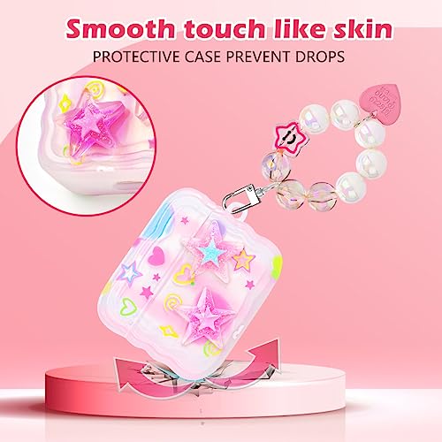 Cute AirPods 3 Case with Love Pendant Colorful Round Bead Keychain, Glitter 3D Stars Design Soft Protective Cover Compatible with AirPods 3rd Generation Case for Girls and Womens