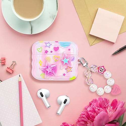 Cute AirPods 3 Case with Love Pendant Colorful Round Bead Keychain, Glitter 3D Stars Design Soft Protective Cover Compatible with AirPods 3rd Generation Case for Girls and Womens