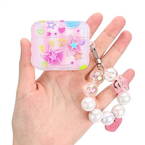 Cute AirPods 3 Case with Love Pendant Colorful Round Bead Keychain, Glitter 3D Stars Design Soft Protective Cover Compatible with AirPods 3rd Generation Case for Girls and Womens