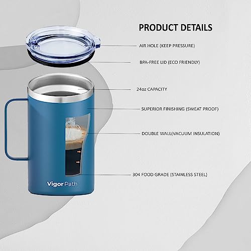 VIGOR PATH Insulated Coffee Mug with Handle and Sliding Lid - Double Wall Vacuum Stainless Steel Mug for Travel, Office, and Daily Use - 24oz (Dark Blue)