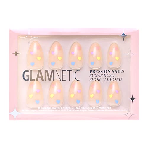 Glamnetic Press On Nails - Sugar Rush | Short Almond, Semi-Transparent Nude Nail with Pastel Heart Accents | 15 Sizes - 30 Nail Kit with Glue