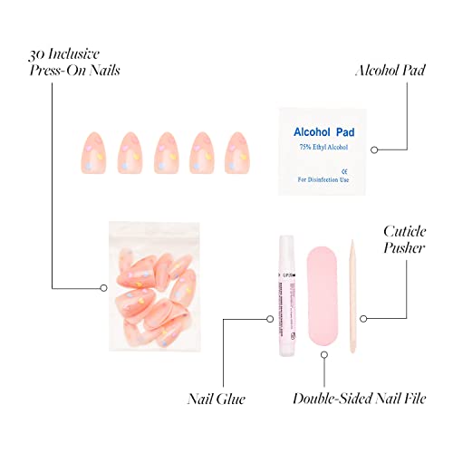 Glamnetic Press On Nails - Sugar Rush | Short Almond, Semi-Transparent Nude Nail with Pastel Heart Accents | 15 Sizes - 30 Nail Kit with Glue