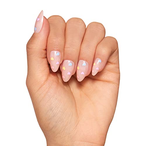 Glamnetic Press On Nails - Sugar Rush | Short Almond, Semi-Transparent Nude Nail with Pastel Heart Accents | 15 Sizes - 30 Nail Kit with Glue