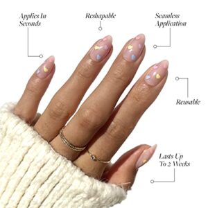 Glamnetic Press On Nails - Sugar Rush | Short Almond, Semi-Transparent Nude Nail with Pastel Heart Accents | 15 Sizes - 30 Nail Kit with Glue