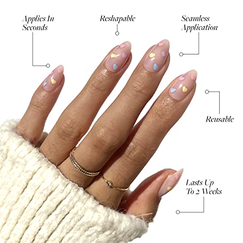 Glamnetic Press On Nails - Sugar Rush | Short Almond, Semi-Transparent Nude Nail with Pastel Heart Accents | 15 Sizes - 30 Nail Kit with Glue