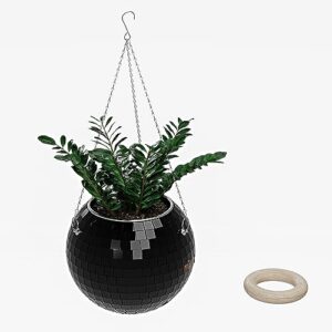 sling and stone disco ball planter - disco ball hanging planter - disco ball plant hanger - disco ball room decor - black mirrored exterior