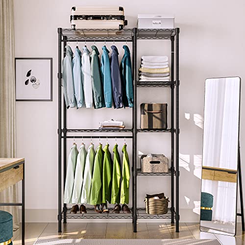 BELLEZE Garment Rack for Hanging Clothes, Clothes Rack with Adjustable Shelf, Freestanding Clothing Rack Closet Organizer Rack with 2 Pairs Side Hooks, Heavy Duty Closet Wardrobe for Bedroom, Black