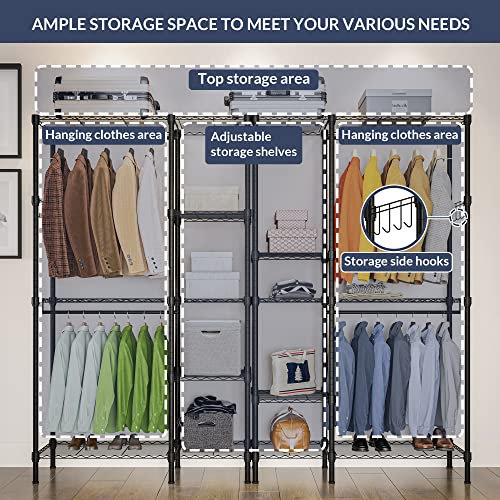 BELLEZE Garment Rack for Hanging Clothes, Clothes Rack with Adjustable Shelf, Freestanding Clothing Rack Closet Organizer Rack with 2 Pairs Side Hooks, Heavy Duty Closet Wardrobe for Bedroom, Black