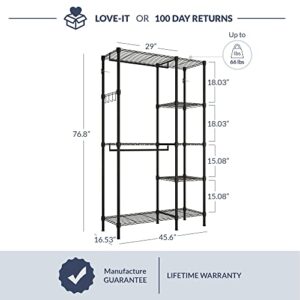 BELLEZE Garment Rack for Hanging Clothes, Clothes Rack with Adjustable Shelf, Freestanding Clothing Rack Closet Organizer Rack with 2 Pairs Side Hooks, Heavy Duty Closet Wardrobe for Bedroom, Black