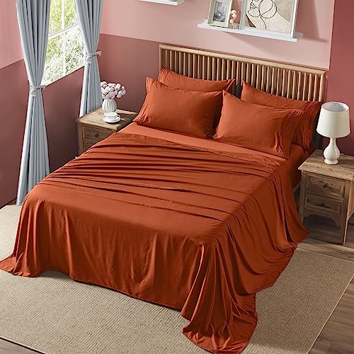 Homiest Extra Deep Pocket Cal King Size Sheets Set, 6 Pieces Soft Burnt Orange Sheets 18-24 Inch Deep Pocket Bed Sheets, Hotel Luxury 1800 Thread Count Microfiber Bed Set Fits Ultra Deep Mattress