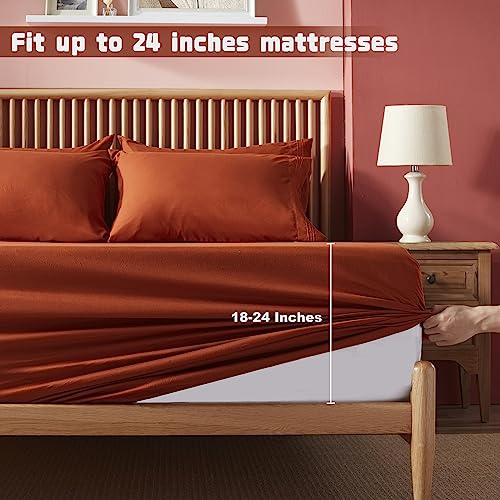 Homiest Extra Deep Pocket Cal King Size Sheets Set, 6 Pieces Soft Burnt Orange Sheets 18-24 Inch Deep Pocket Bed Sheets, Hotel Luxury 1800 Thread Count Microfiber Bed Set Fits Ultra Deep Mattress