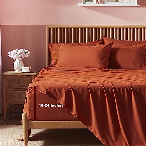 Homiest Extra Deep Pocket Cal King Size Sheets Set, 6 Pieces Soft Burnt Orange Sheets 18-24 Inch Deep Pocket Bed Sheets, Hotel Luxury 1800 Thread Count Microfiber Bed Set Fits Ultra Deep Mattress