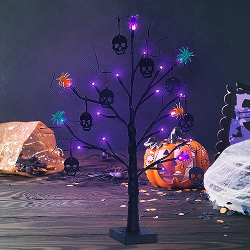 YEAHOME Halloween Decorations Indoor, 24”/2FT Black Scary Halloween Tree with LED Purple Lights, Skeleton Ornaments and Spider Shaped Lampshades, Battery Powered Timer for Home Table Mantel Decor