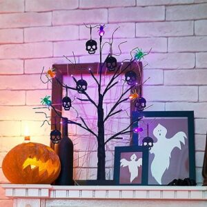 YEAHOME Halloween Decorations Indoor, 24”/2FT Black Scary Halloween Tree with LED Purple Lights, Skeleton Ornaments and Spider Shaped Lampshades, Battery Powered Timer for Home Table Mantel Decor