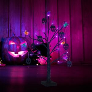 YEAHOME Halloween Decorations Indoor, 24”/2FT Black Scary Halloween Tree with LED Purple Lights, Skeleton Ornaments and Spider Shaped Lampshades, Battery Powered Timer for Home Table Mantel Decor