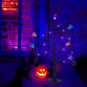 YEAHOME Halloween Decorations Indoor, 24”/2FT Black Scary Halloween Tree with LED Purple Lights, Skeleton Ornaments and Spider Shaped Lampshades, Battery Powered Timer for Home Table Mantel Decor