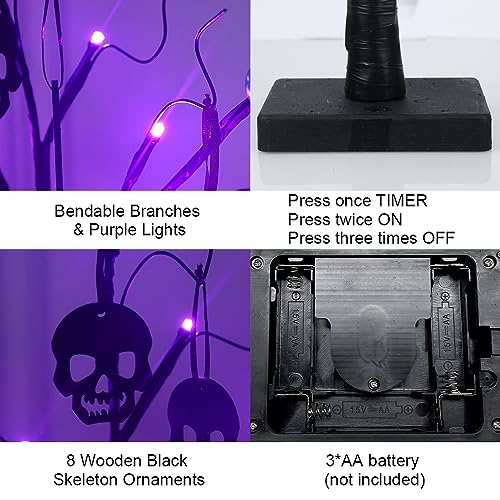 YEAHOME Halloween Decorations Indoor, 24”/2FT Black Scary Halloween Tree with LED Purple Lights, Skeleton Ornaments and Spider Shaped Lampshades, Battery Powered Timer for Home Table Mantel Decor