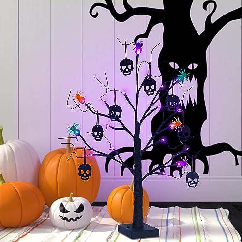 YEAHOME Halloween Decorations Indoor, 24”/2FT Black Scary Halloween Tree with LED Purple Lights, Skeleton Ornaments and Spider Shaped Lampshades, Battery Powered Timer for Home Table Mantel Decor