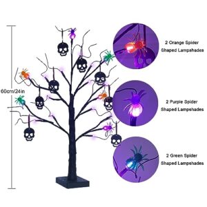 YEAHOME Halloween Decorations Indoor, 24”/2FT Black Scary Halloween Tree with LED Purple Lights, Skeleton Ornaments and Spider Shaped Lampshades, Battery Powered Timer for Home Table Mantel Decor