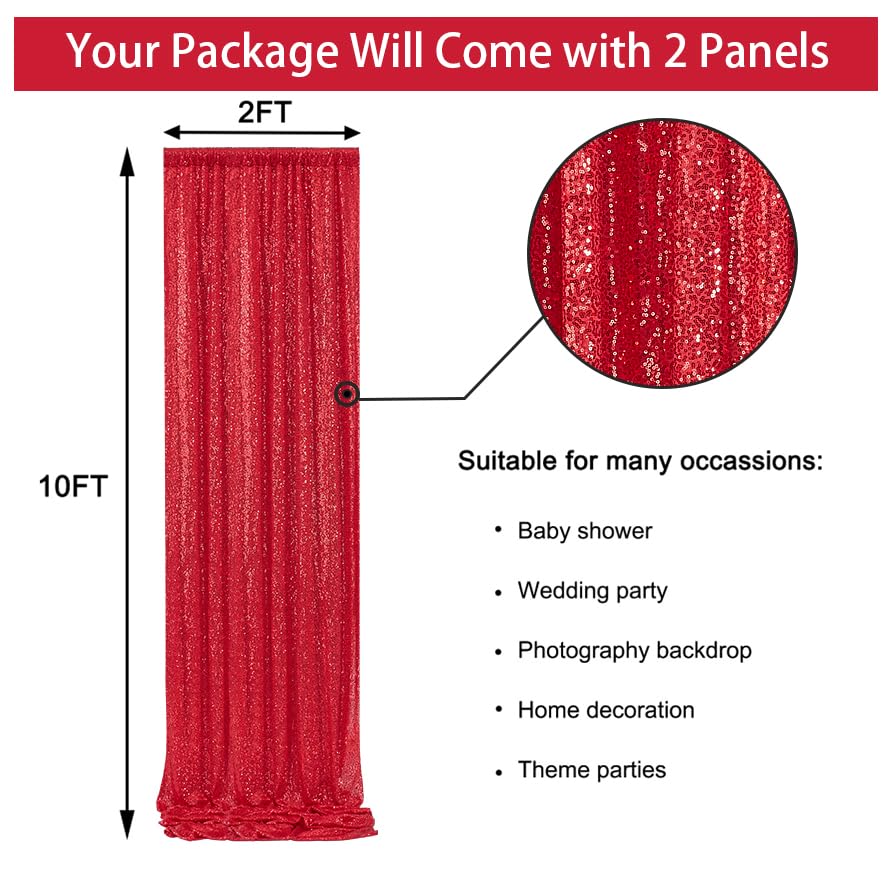 Outpain 2 Panels 2ft x 10ft Red Sequin Backdrop Curtain fpr Party, Not See Through 4ft x 10ft Red Backdrop Drapes for Wedding Party Christmas Photography Home Decoration