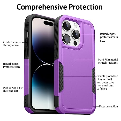 Oumida for iPhone 14 Pro Case, [with 2 pcs Tempered Glass Screen Protector] [Shockproof] Dual Layer Back Hardshell Rugged Tough Full Body Protective Cell Phone Cover Case for 14 Pro (Purple)