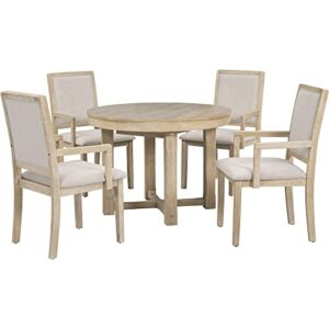 5-Piece Wooden Dining Table Set Two-Size Round to Oval Extendable Butterfly Leaf Wood Dining Table and 4 Upholstered Dining Chairs with Armrests for Kitchen, Dinning Room (Natural Wood Wash)