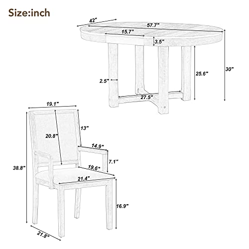 5-Piece Wooden Dining Table Set Two-Size Round to Oval Extendable Butterfly Leaf Wood Dining Table and 4 Upholstered Dining Chairs with Armrests for Kitchen, Dinning Room (Natural Wood Wash)