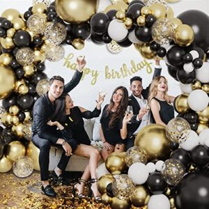 Black and Gold and White Balloon Garland Arch Kit with Black Gold Confetti Balloons Shiny Gold Happy Birthday Banner for Graduation Baby Shower Birthday Wedding Decoration