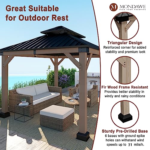 MONDAWE Wood Gazebo 10x12Ft Hardtop Gazebo Patio Premium Cedar Frame Gazebo Heavy Duty Galvanized Steel Double Roof Pavilion for Patio Lawn Garden