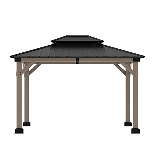 MONDAWE Wood Gazebo 10x12Ft Hardtop Gazebo Patio Premium Cedar Frame Gazebo Heavy Duty Galvanized Steel Double Roof Pavilion for Patio Lawn Garden