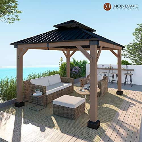 MONDAWE Wood Gazebo 10x12Ft Hardtop Gazebo Patio Premium Cedar Frame Gazebo Heavy Duty Galvanized Steel Double Roof Pavilion for Patio Lawn Garden