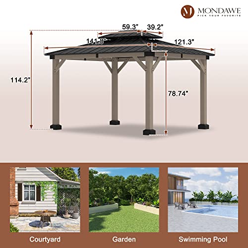 MONDAWE Wood Gazebo 10x12Ft Hardtop Gazebo Patio Premium Cedar Frame Gazebo Heavy Duty Galvanized Steel Double Roof Pavilion for Patio Lawn Garden