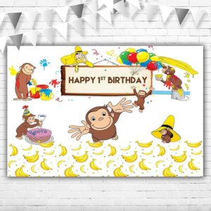 curious george backdrop 1st birthday 5x3ft yellow banana happy 1st birthday curious george banner for kids vinyl monkey birthday background first birthday party decor