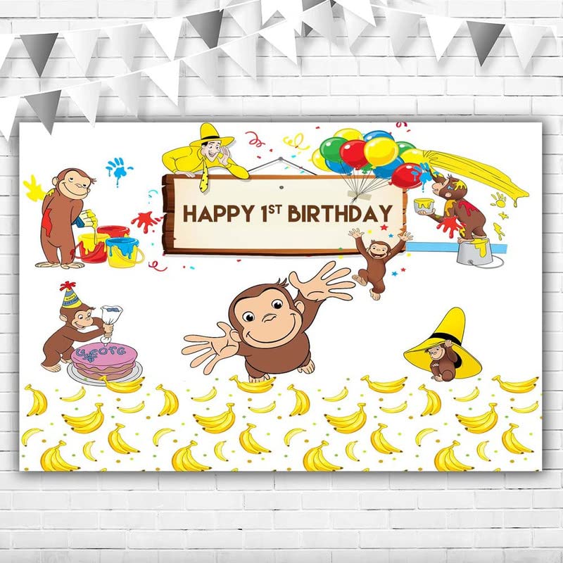 Curious George Backdrop 1st Birthday 5x3ft Yellow Banana Happy 1st Birthday Curious George Banner for Kids Vinyl Monkey Birthday Background First Birthday Party Decor