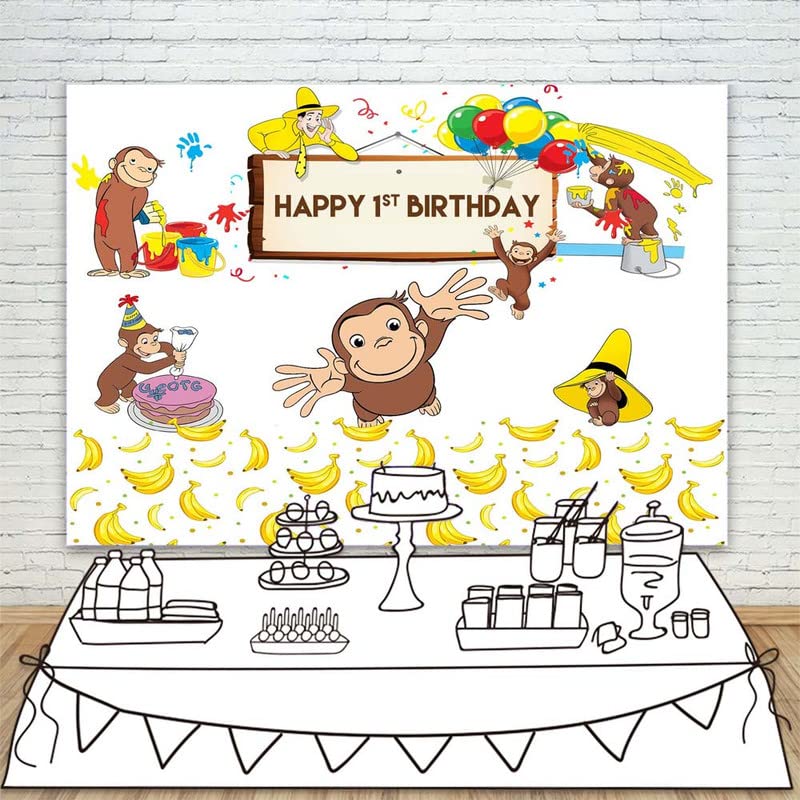 Curious George Backdrop 1st Birthday 5x3ft Yellow Banana Happy 1st Birthday Curious George Banner for Kids Vinyl Monkey Birthday Background First Birthday Party Decor