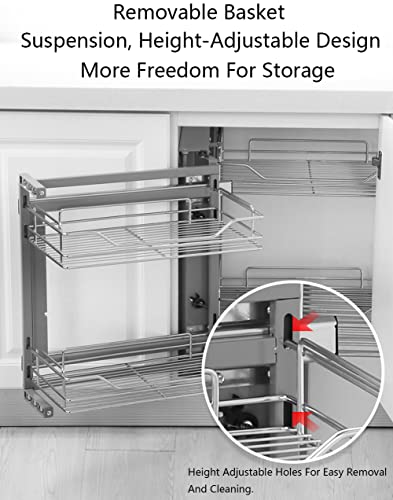 JayHumphrey Blind Corner Cabinet Pull Out Organizer, 2 Tiers 4 Baskets Chrome Kitchen Corner Cabinet Pull Out, Concealed Roller Slide Out Shelves, Silver,Left Open