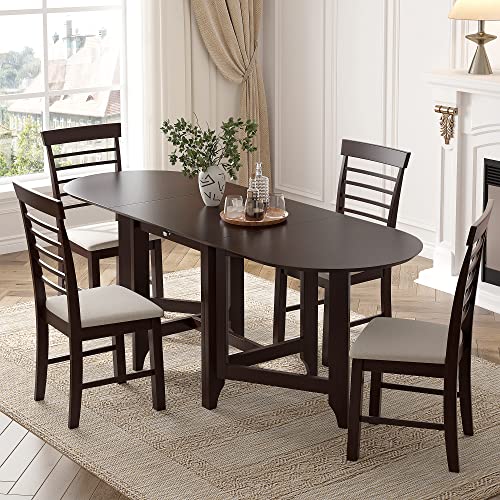 WILLIAMSPACE 84" Dining Table Set for 6, 5-Piece Oval Dining Table Set with Upholstered Rubber Wood Dining Chairs for Kitchen, Retro Drop-Leaf Table with Spacious Tabletop (Dark Brown)