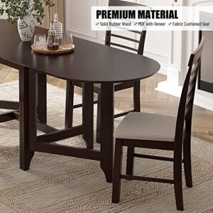 WILLIAMSPACE 84" Dining Table Set for 6, 5-Piece Oval Dining Table Set with Upholstered Rubber Wood Dining Chairs for Kitchen, Retro Drop-Leaf Table with Spacious Tabletop (Dark Brown)