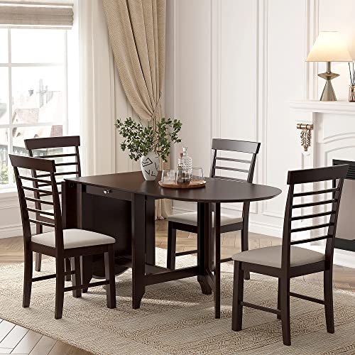 WILLIAMSPACE 84" Dining Table Set for 6, 5-Piece Oval Dining Table Set with Upholstered Rubber Wood Dining Chairs for Kitchen, Retro Drop-Leaf Table with Spacious Tabletop (Dark Brown)