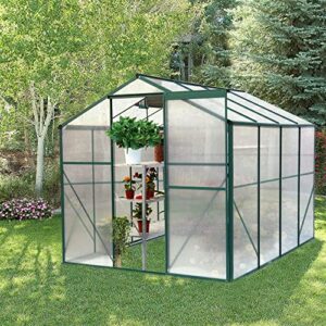 kelria 6x8 ft hybrid polycarbonate greenhouse with lockable hinged door, sliding door and 2 vent window, walk-in hobby greenhouse aluminum hot house for outdoor garden backyard, green