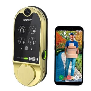 lockly vision smart lock, camera video two-way audio 6-in-1 keyless entry door lock with doorbell fingerprint door lock with app control digital keypad wi-fi deadbolt door locks- brushed gold