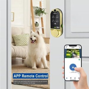 Lockly Vision Smart Lock, Camera Video Two-Way Audio 6-in-1 Keyless Entry Door Lock with Doorbell Fingerprint Door Lock with APP Control Digital Keypad Wi-Fi Deadbolt Door Locks- Brushed Gold