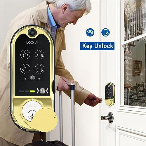 Lockly Vision Smart Lock, Camera Video Two-Way Audio 6-in-1 Keyless Entry Door Lock with Doorbell Fingerprint Door Lock with APP Control Digital Keypad Wi-Fi Deadbolt Door Locks- Brushed Gold