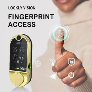 Lockly Vision Smart Lock, Camera Video Two-Way Audio 6-in-1 Keyless Entry Door Lock with Doorbell Fingerprint Door Lock with APP Control Digital Keypad Wi-Fi Deadbolt Door Locks- Brushed Gold