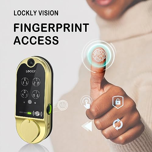 Lockly Vision Smart Lock, Camera Video Two-Way Audio 6-in-1 Keyless Entry Door Lock with Doorbell Fingerprint Door Lock with APP Control Digital Keypad Wi-Fi Deadbolt Door Locks- Brushed Gold